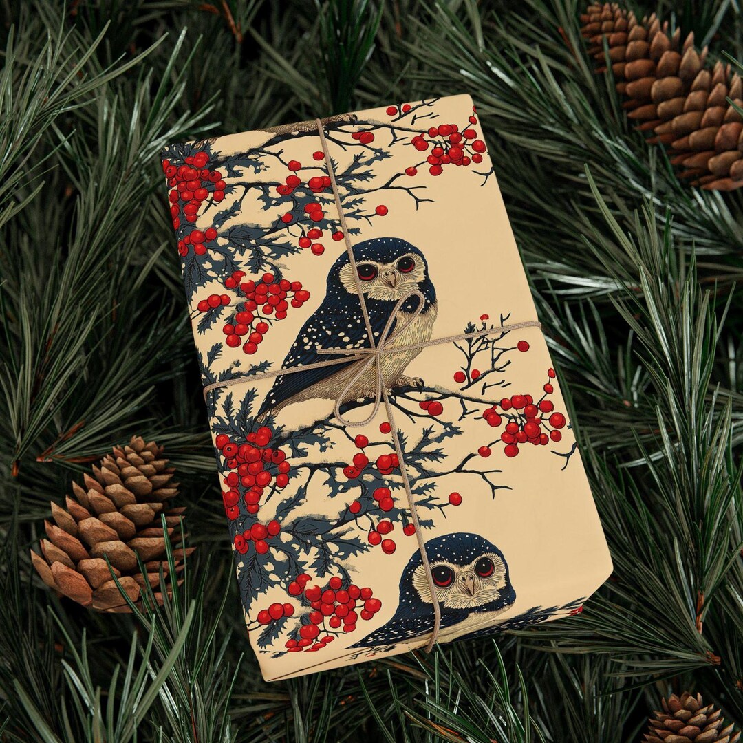 Owl Christmas Wrapping Paper Holiday Gift Wrap Paper Beige Winter Birds ...