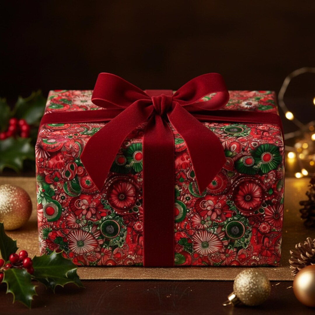 Festive Crimson Green Floral Wrapping Paper: Holiday Gift Wrap - Etsy