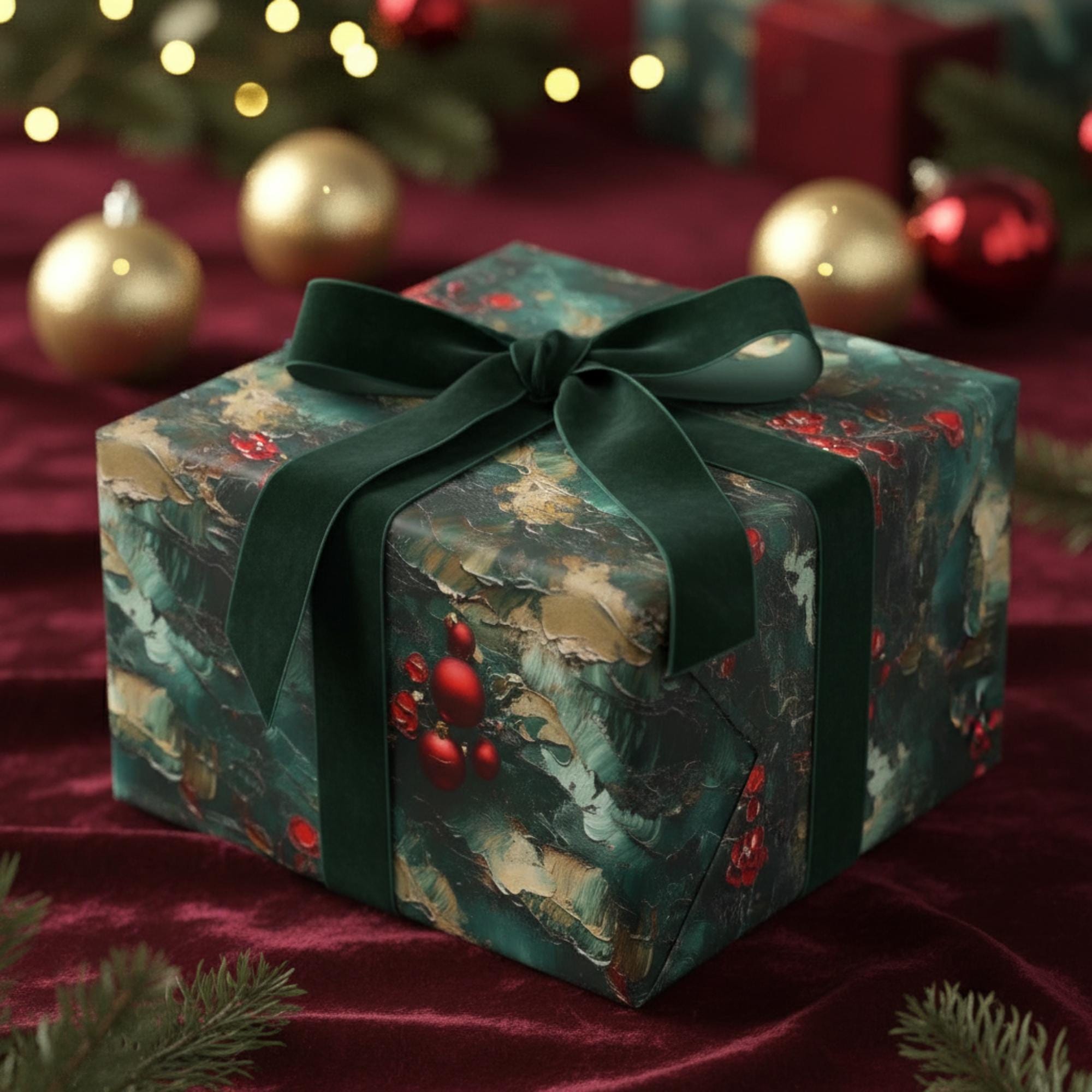 Elegant Floral Christmas Wrapping Paper: Red Flowers, Green Teal, Gold ...