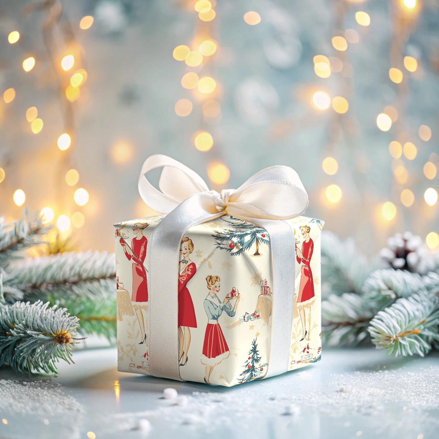 Vintage Holiday Wrapping Paper Retro Gift Wrap Christmas Tree Gift Wrap ...