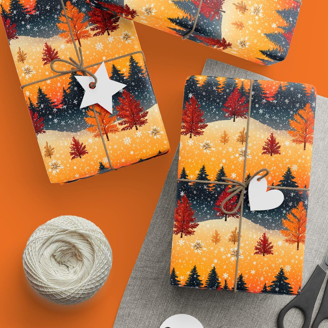 Autumn Leaves Wrapping Paper Fall Gift Wrap Snowy Trees Orange Paper ...
