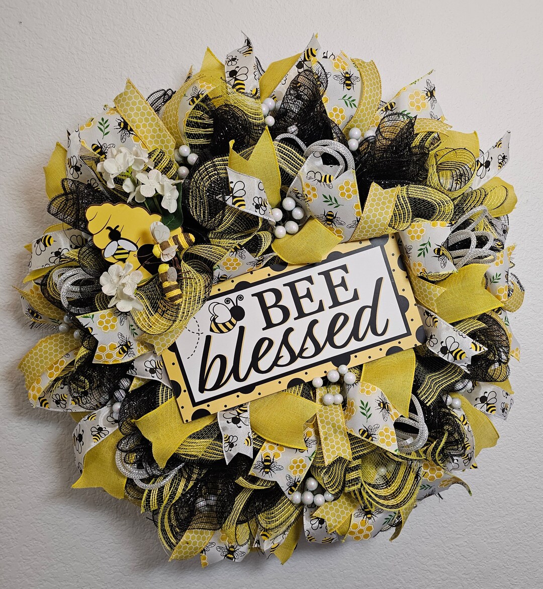 Handmade Bee Blessed Wreath, Yellow and Black Bee Wreath, Spring Summer ...