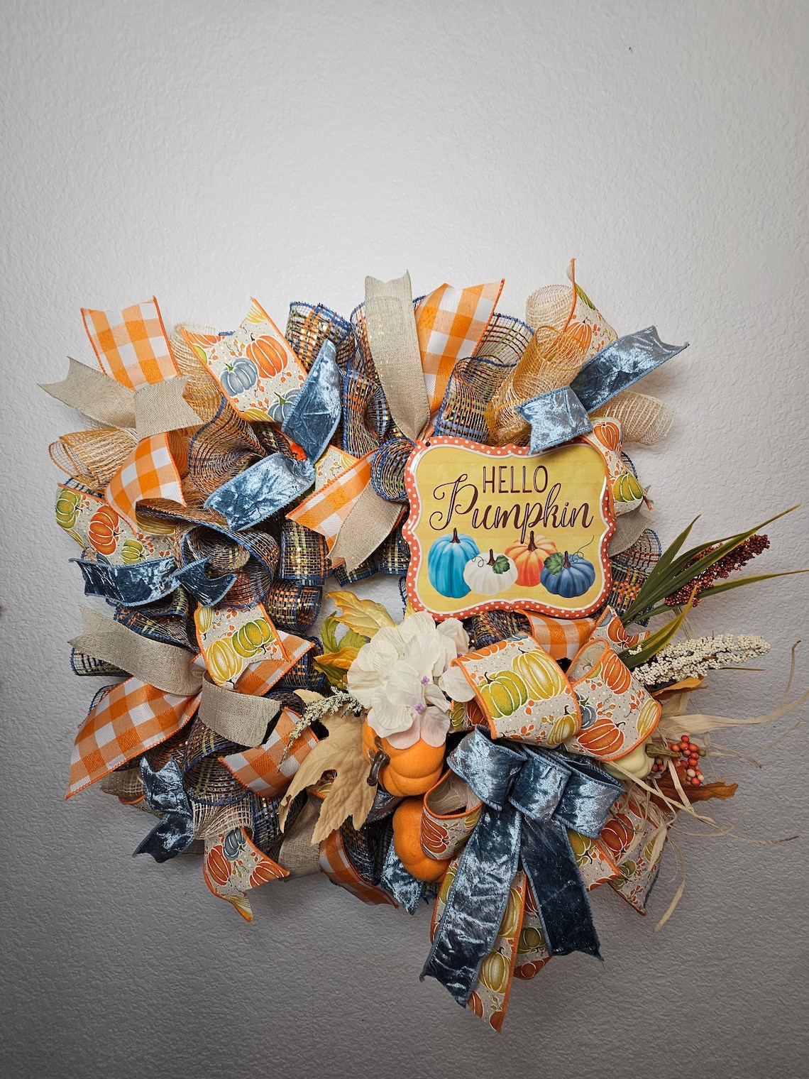 Hello Pumpkin Fall Wreath, Autumn Front Door Decor, Harvest Pumpkin ...