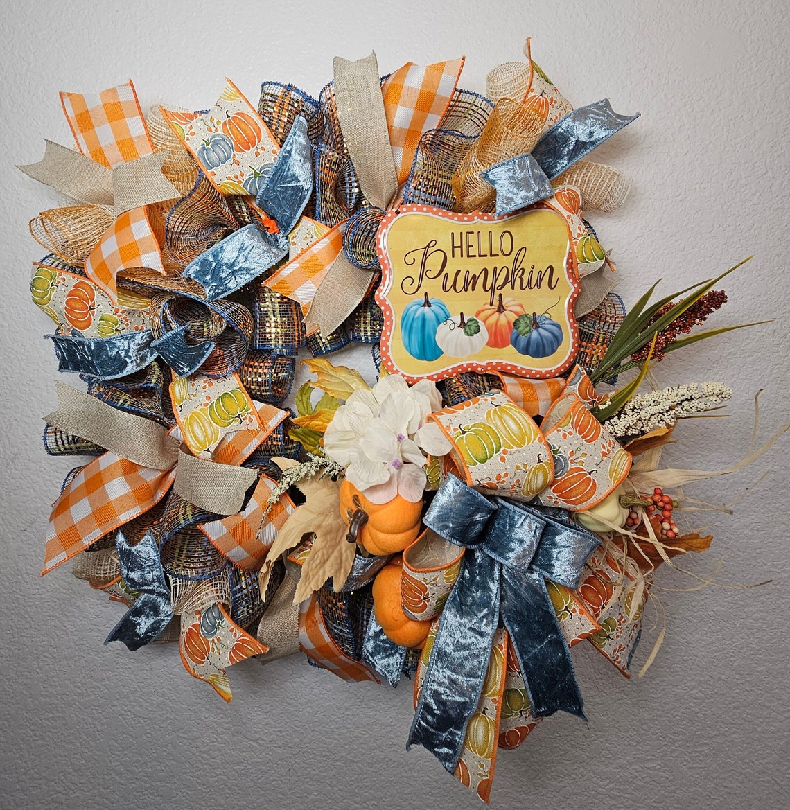 Hello Pumpkin Fall Wreath, Autumn Front Door Decor, Harvest Pumpkin ...