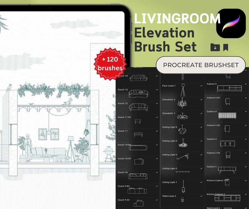 Vector Elevation LIVING ROOM Stamps | Procreate Brush Set ...