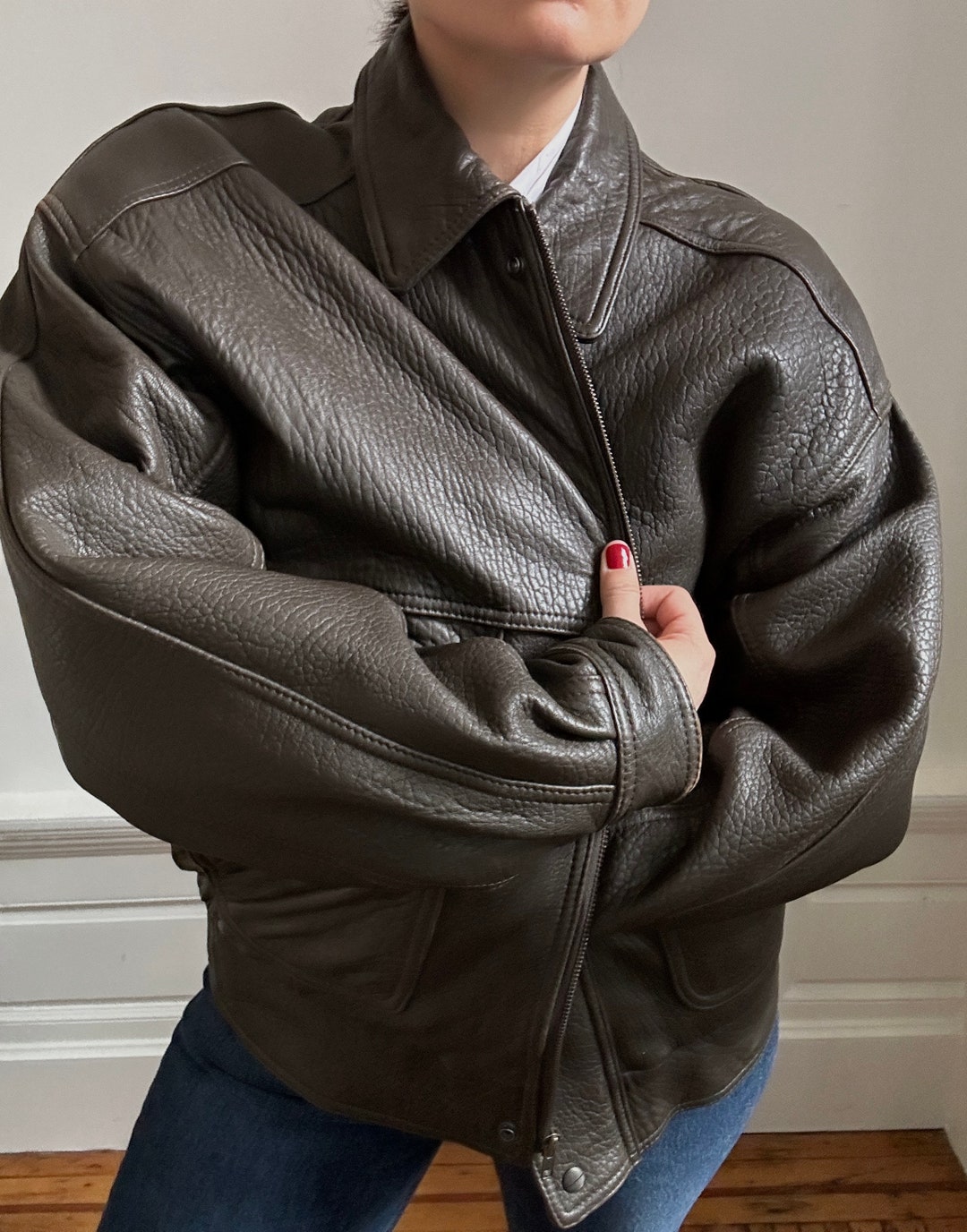 Vintage Brown Leather Bomber Jacket - Etsy