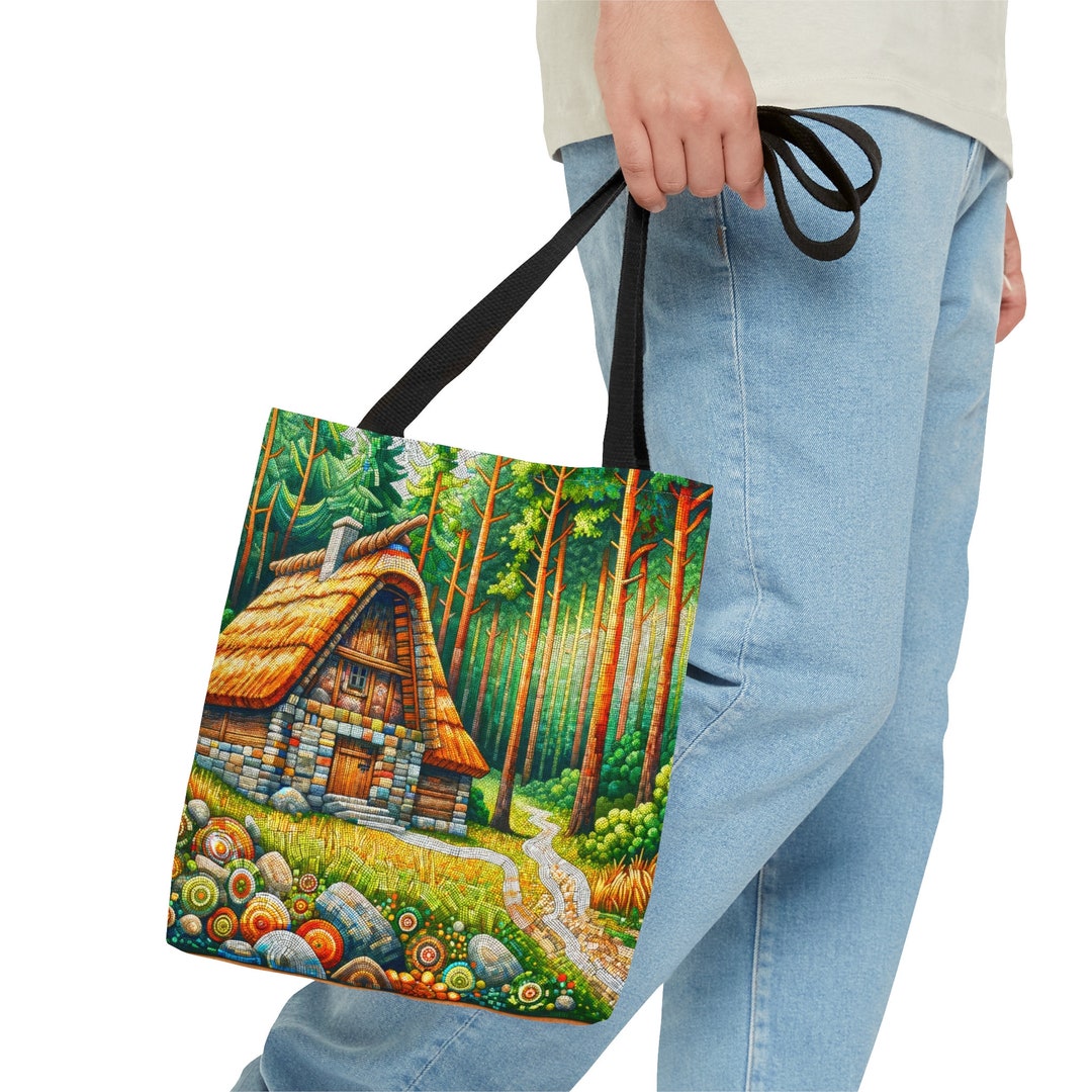 Polyester Double-sided Tote Bag, Cottage Cabin Design, Perfect for ...