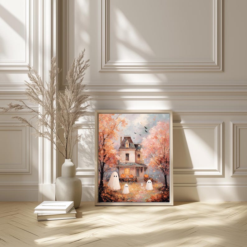 Haunted House Ghost Print – Fall Halloween Wall Art, Spooky Autumn ...