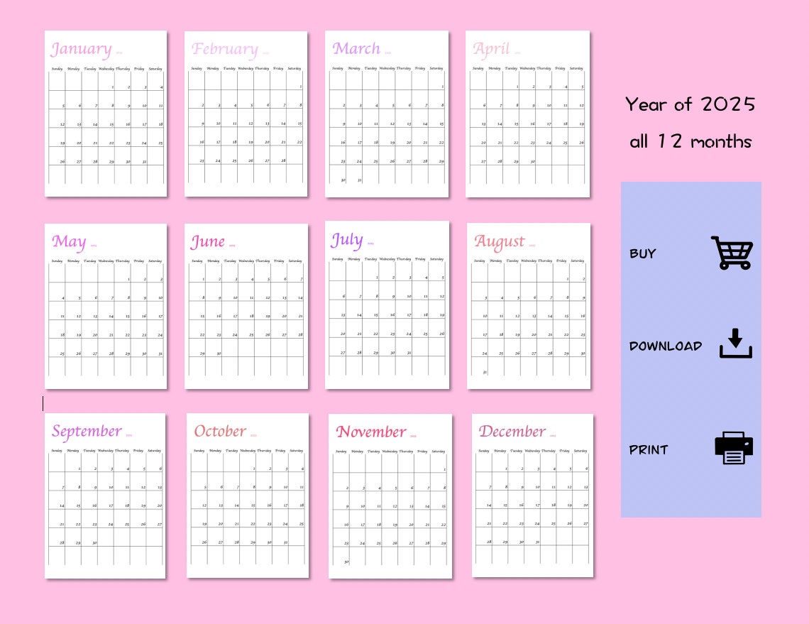 2025 Printable Calendar (pink/purple Cursive) | Monthly Planner ...