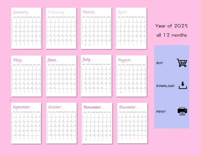2025 Printable Calendar (pink/purple Cursive) | Monthly Planner ...