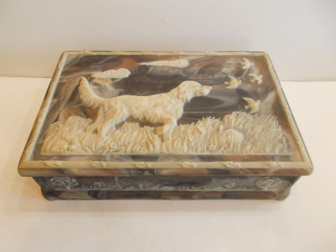 Large~incolay~stone~irish Setter~box~valet~casket~jewelry~box~bird ...