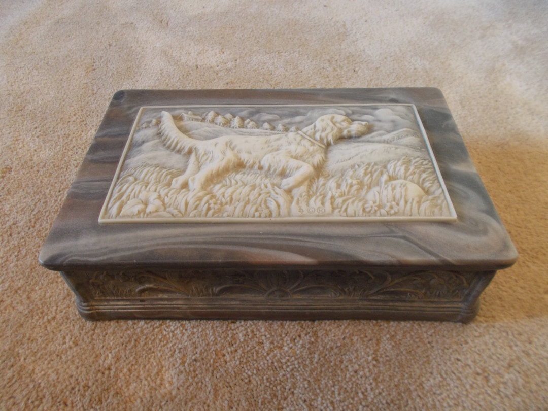 Large~incolay~stone~irish Setter~box~valet~casket~jewelry~box~bird ...