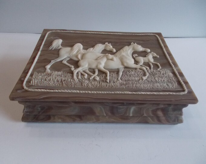 Genuine~incolay~stone~box~arabian Horses~authentic~large~incolay~10" X ...