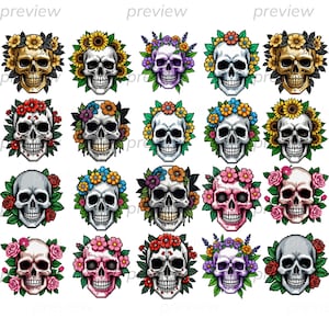 Floral Skull Clipart Bundle 10 PNG JPG Files Unique Pixel Art for ...