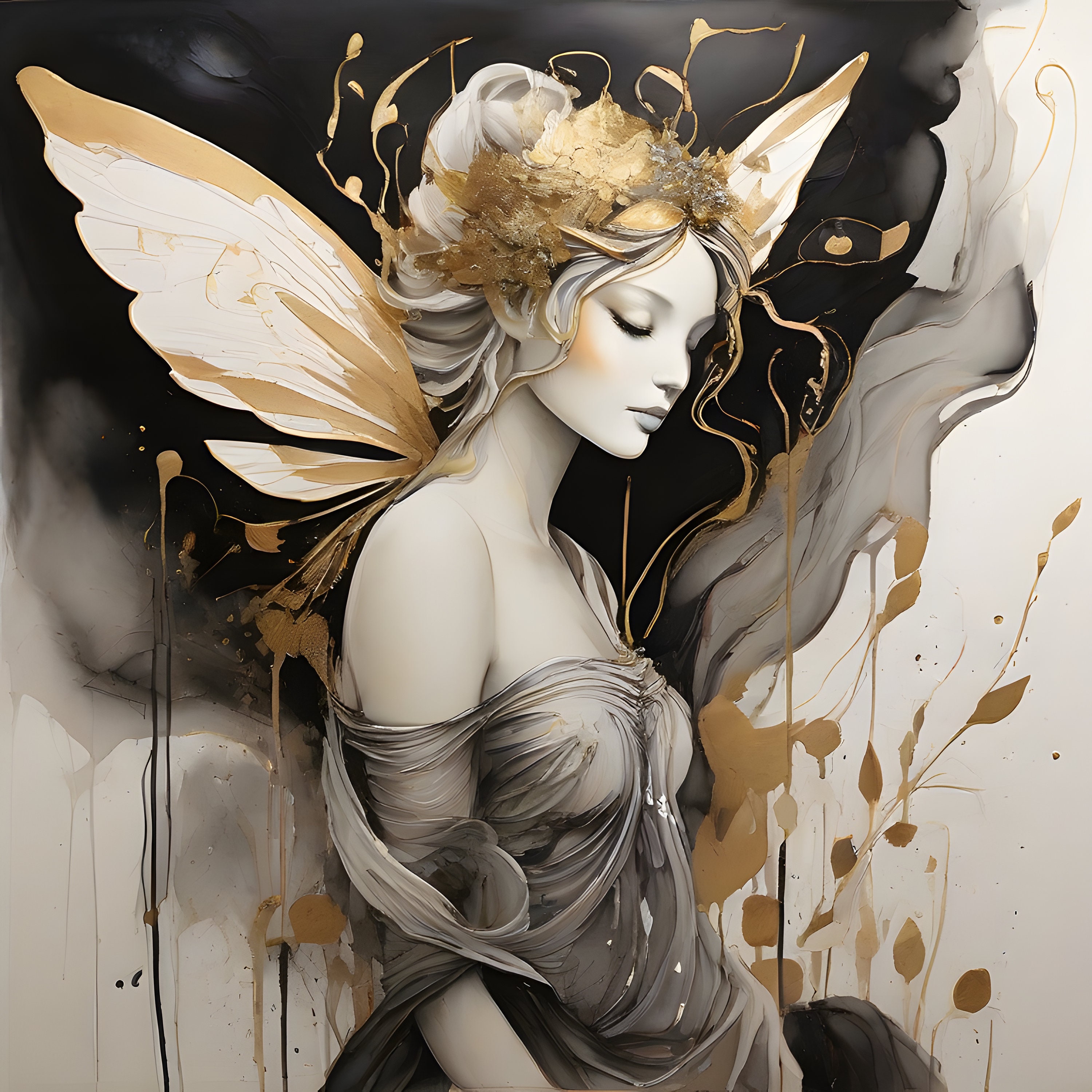 Boho Celestial Stylized Gilded Fairies in Ethereal Watercolor Digital Download Wall Art Fairy ...