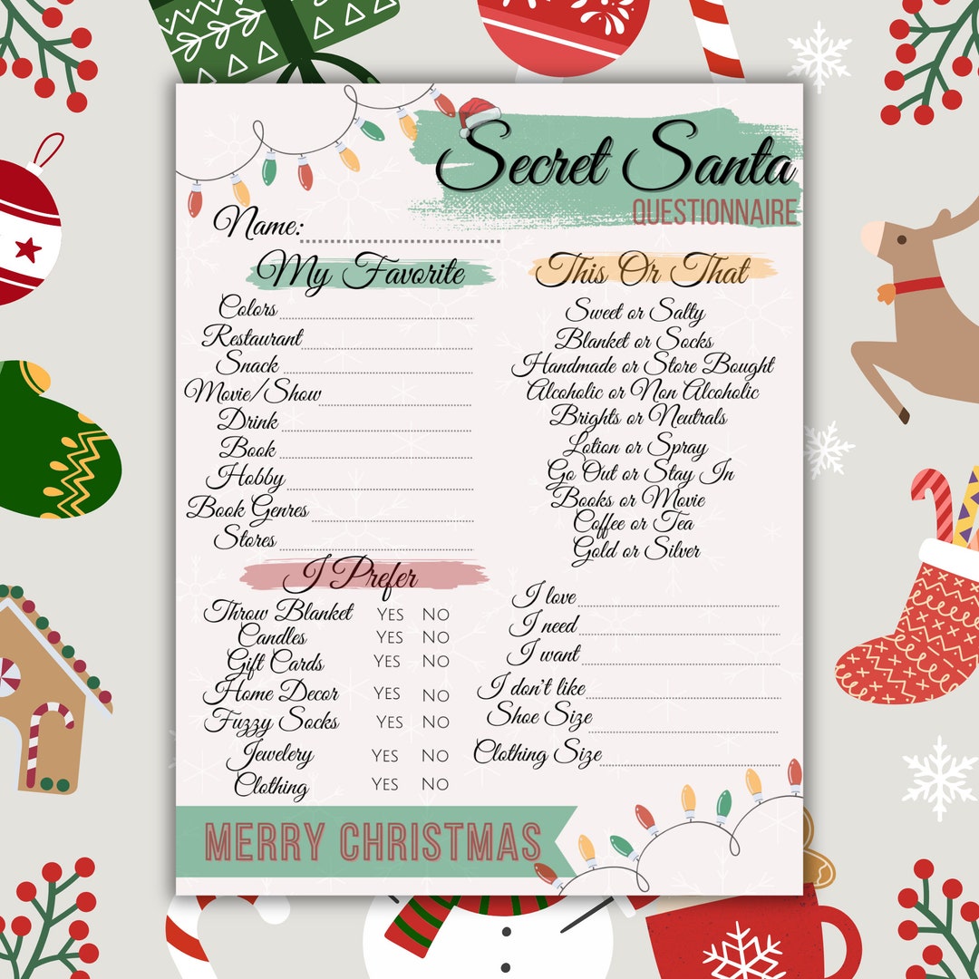 Secret Santa Questionnaire Digital Download Printable - Etsy
