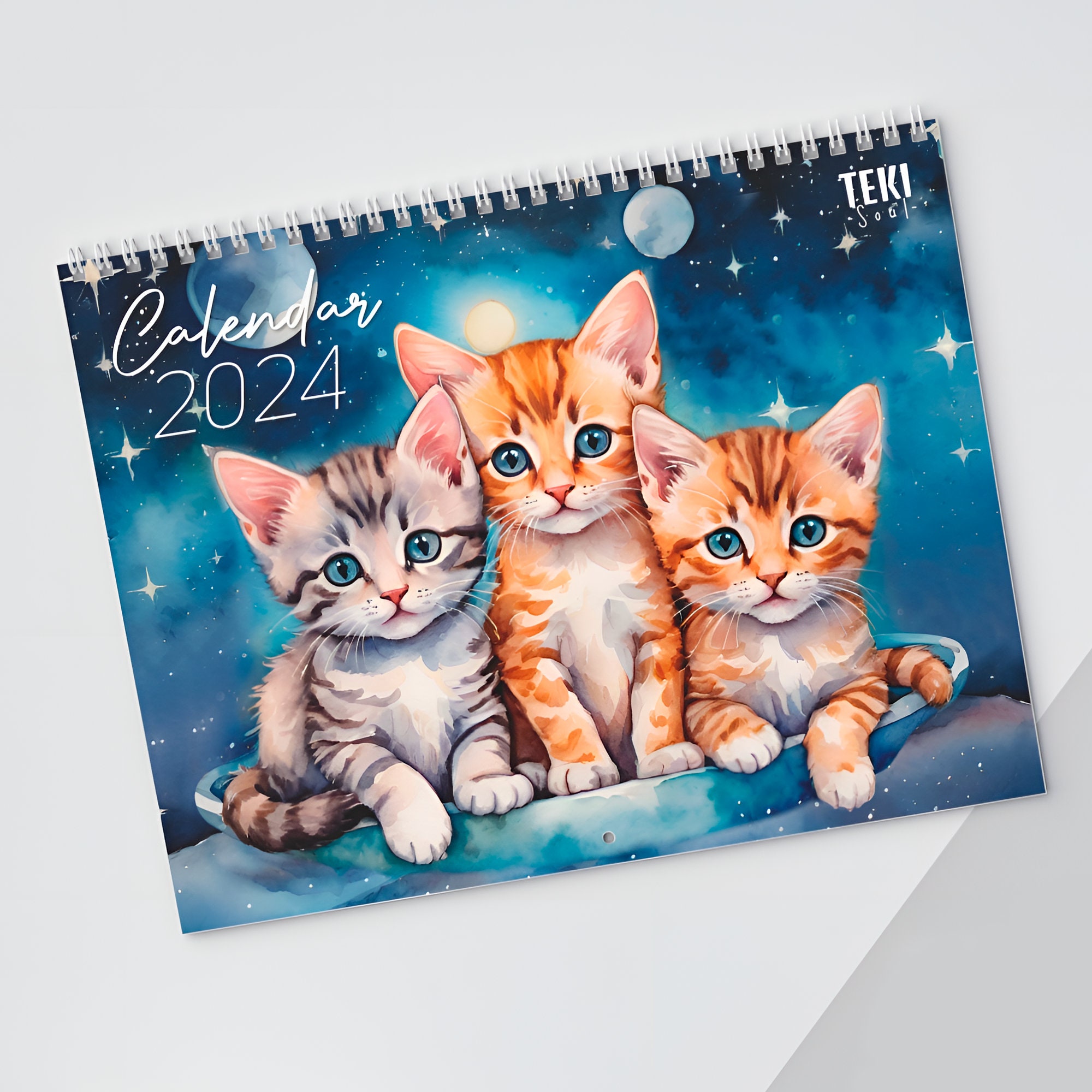 2024 Cat Wall Calendar, Cat Calendar With Zodiac Signs, Watercolor Cat ...