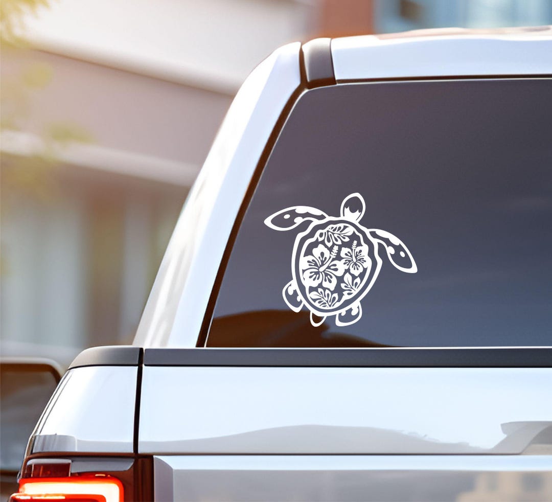 Sea Turtle With Hibiscus Flowers Decal, Ocean Vinyl Decal, Water Bottle ...