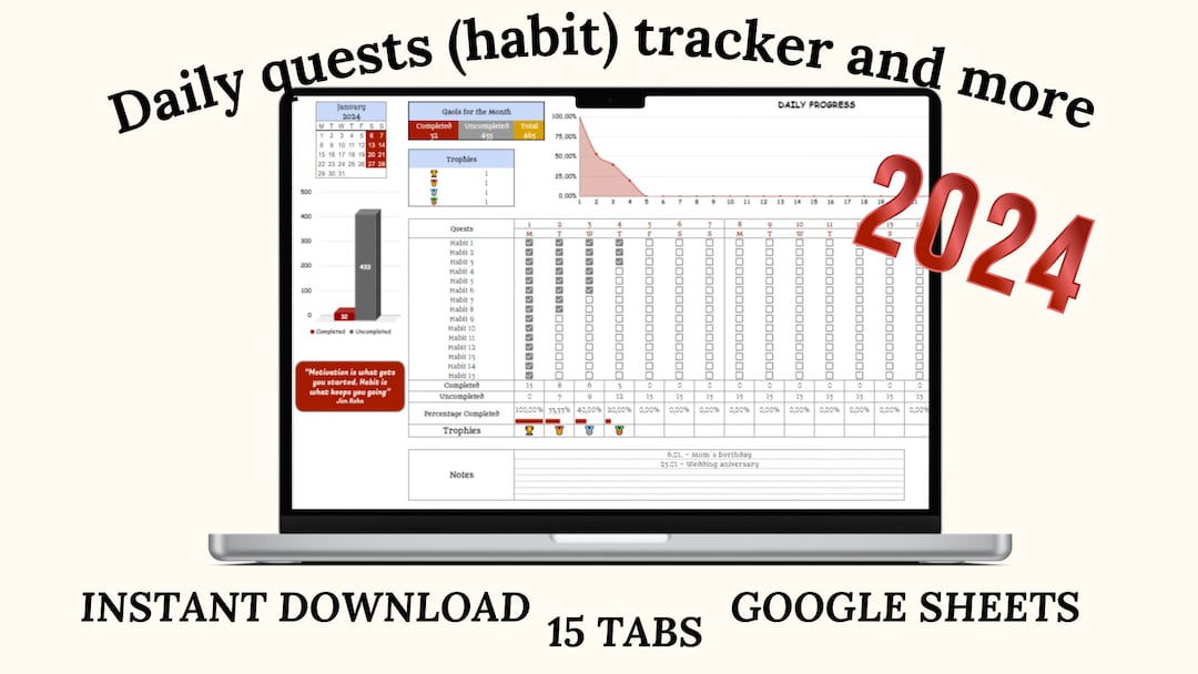Simple Daily Quests habit Tracker, Online Google Sheets Template for ...