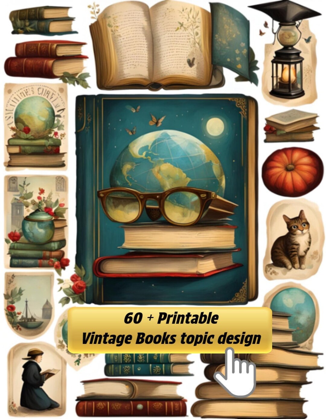 Romantic Vintage Style Books and Ephemera, Set for Download, Book ...