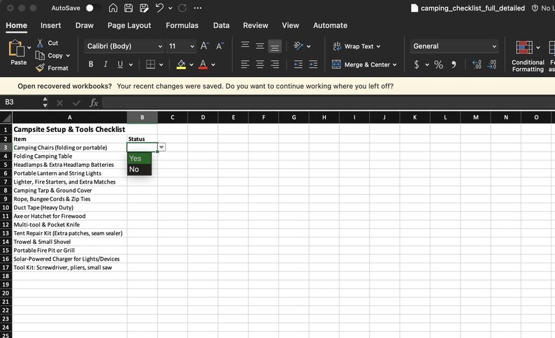 Camping Checklist Essential Excel Checklist for Camping, Specific to Women in Their Thirties - Etsy