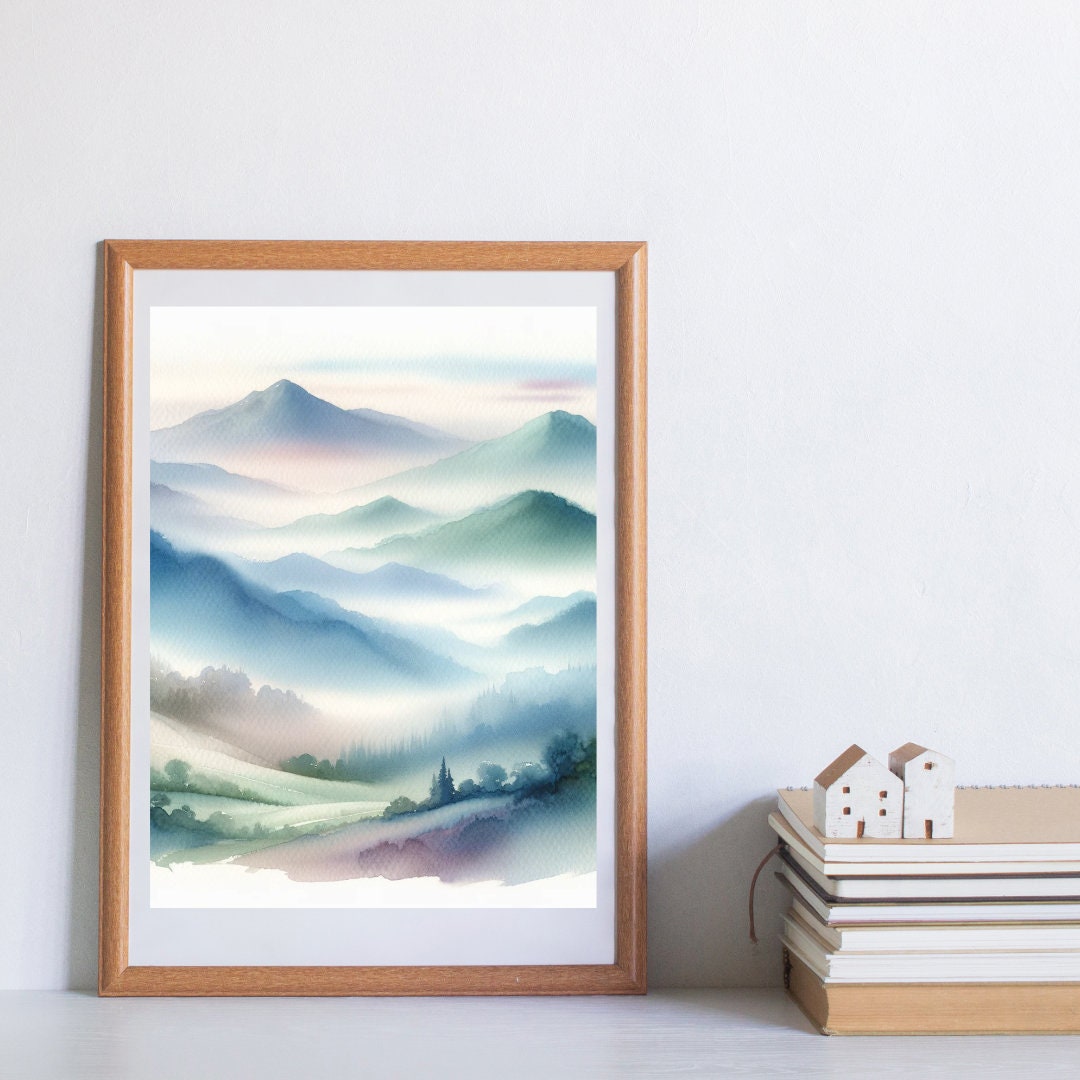 Tranquil Peaks: Soft Watercolor Mountainscape - Canvas Art Print - Etsy