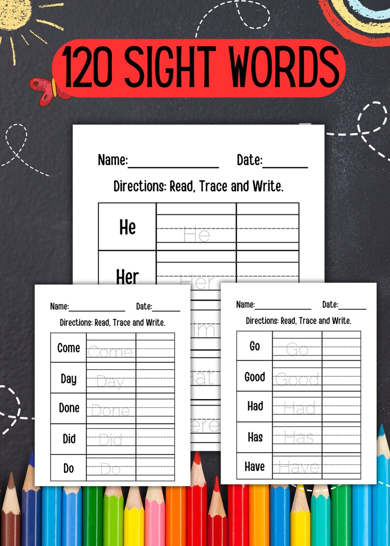 75 Educational Learning Bundle: Kindergarten Sight Words Tracing ...