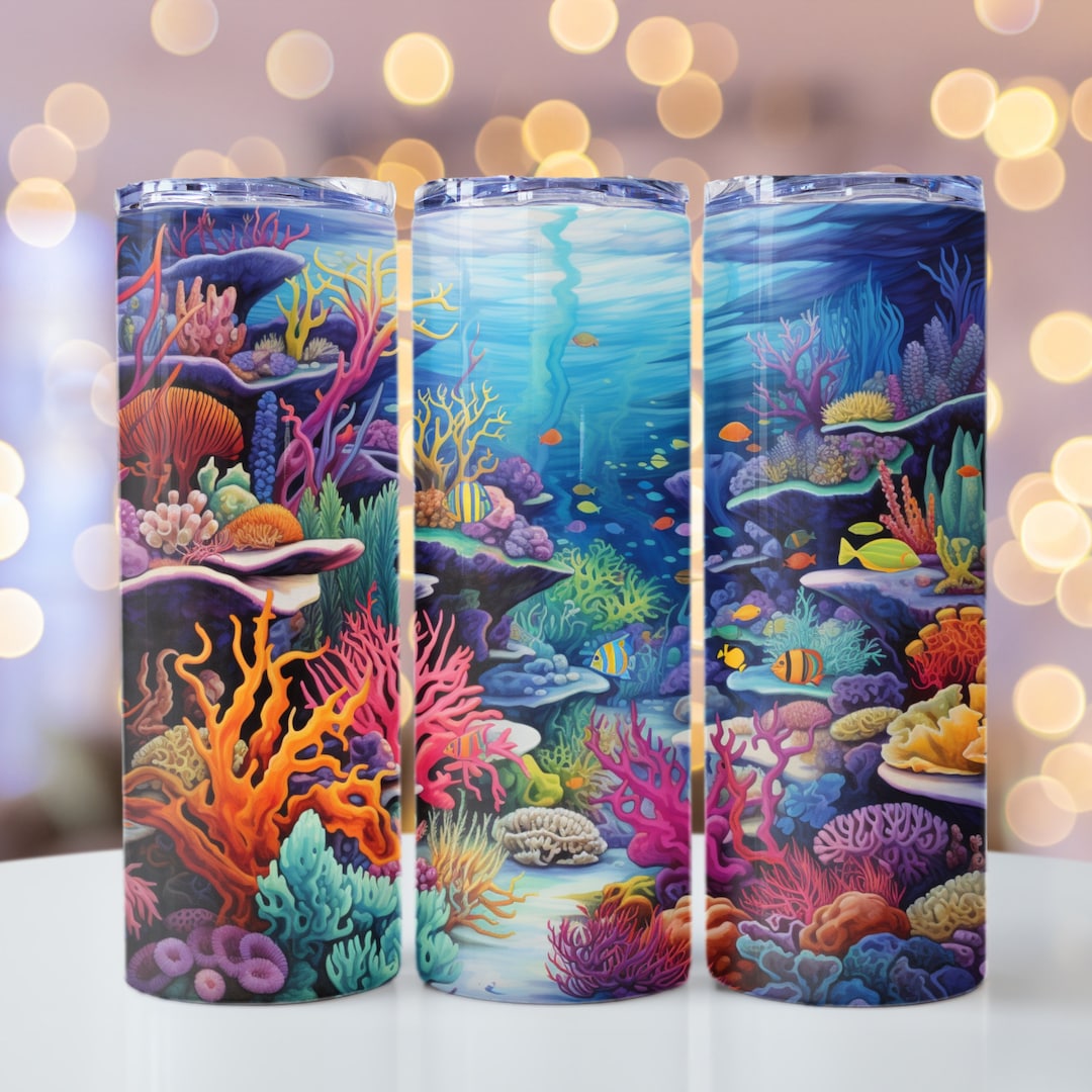 Vibrant Glowing Coral Reefs Wrap for 20 OZ Tumbler Unique Underwater ...