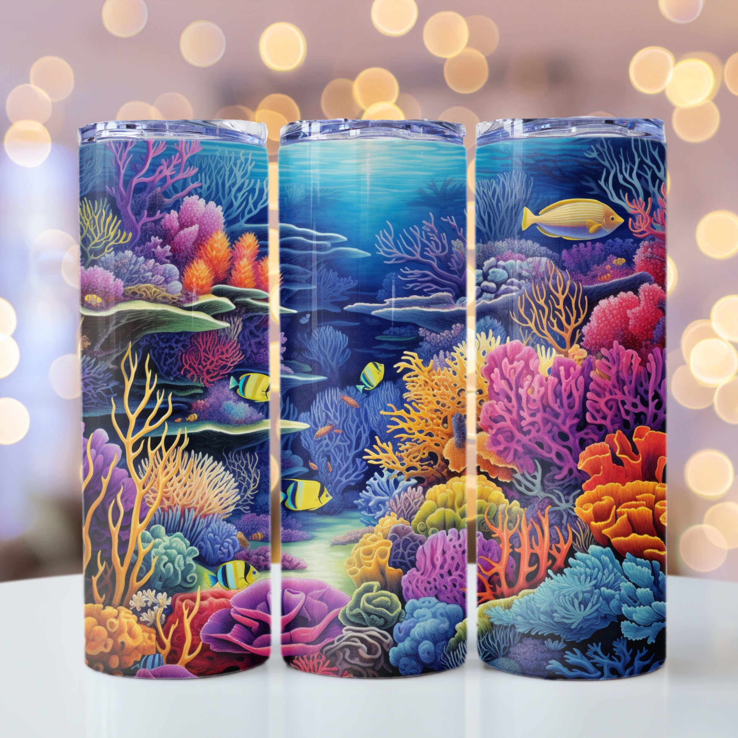 Vibrant Glowing Coral Reefs Wrap for 20 OZ Tumbler Unique Underwater ...