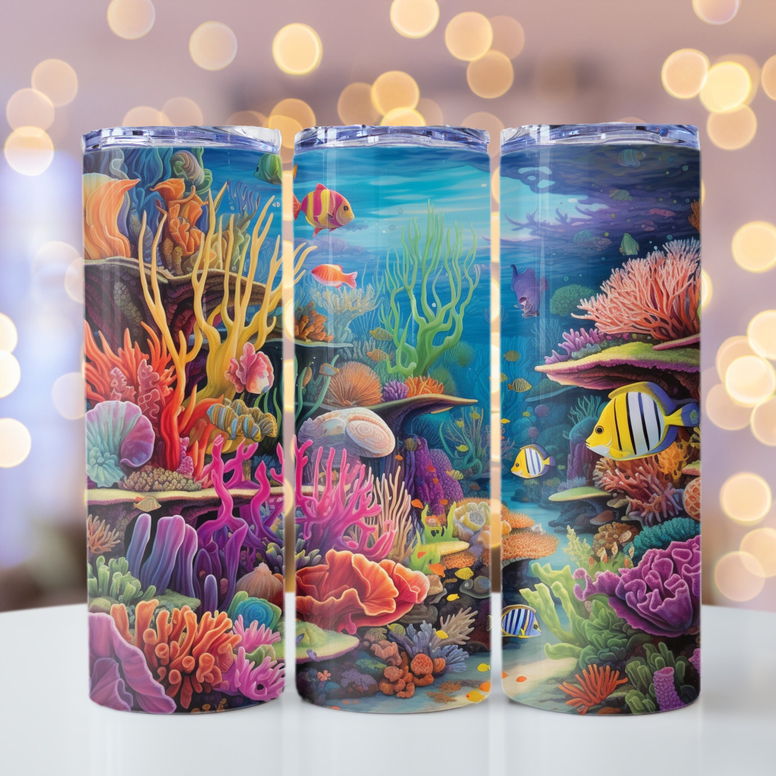 Vibrant Glowing Coral Reefs Wrap for 20 OZ Tumbler Unique Underwater ...