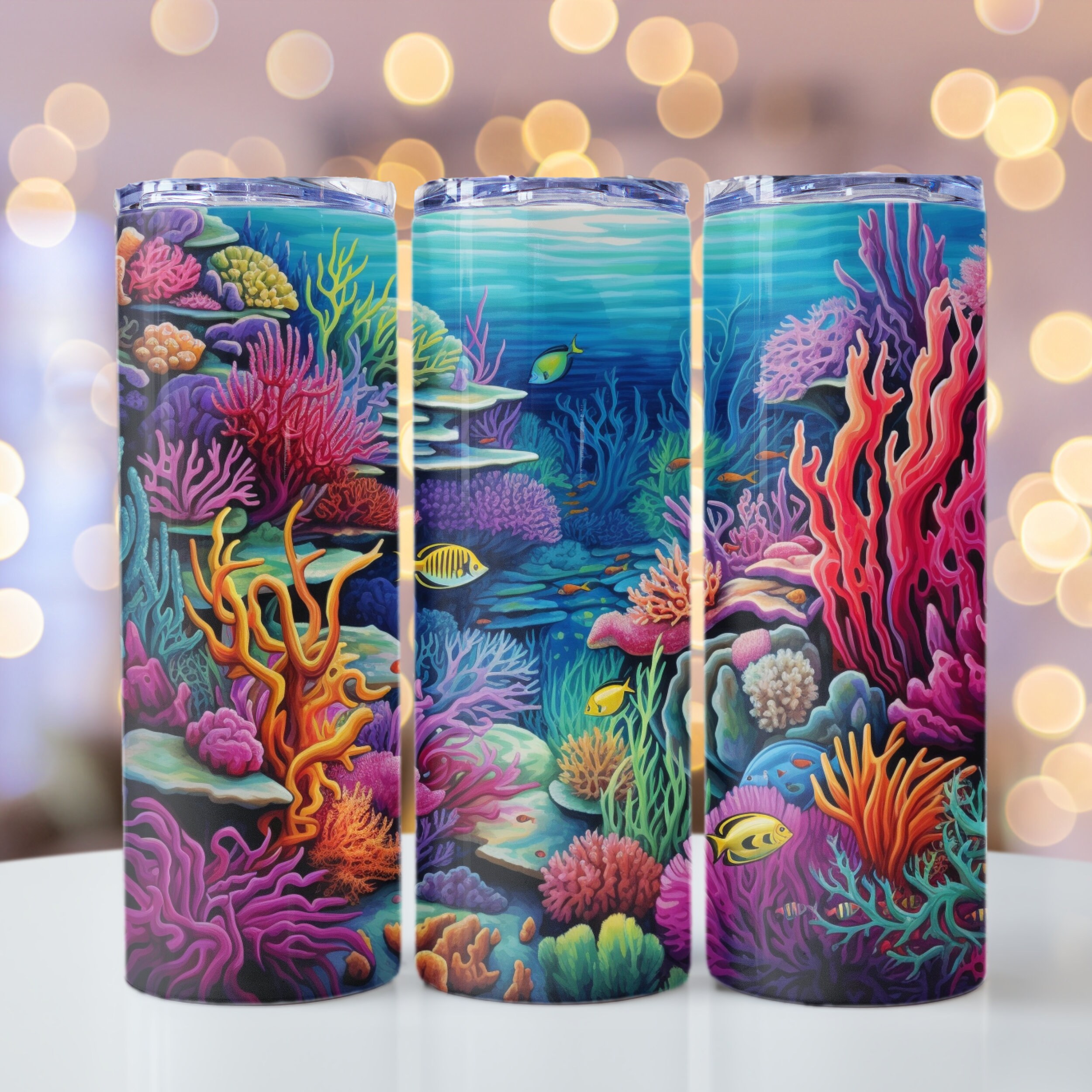 Vibrant Glowing Coral Reefs Wrap for 20 OZ Tumbler Unique Underwater ...