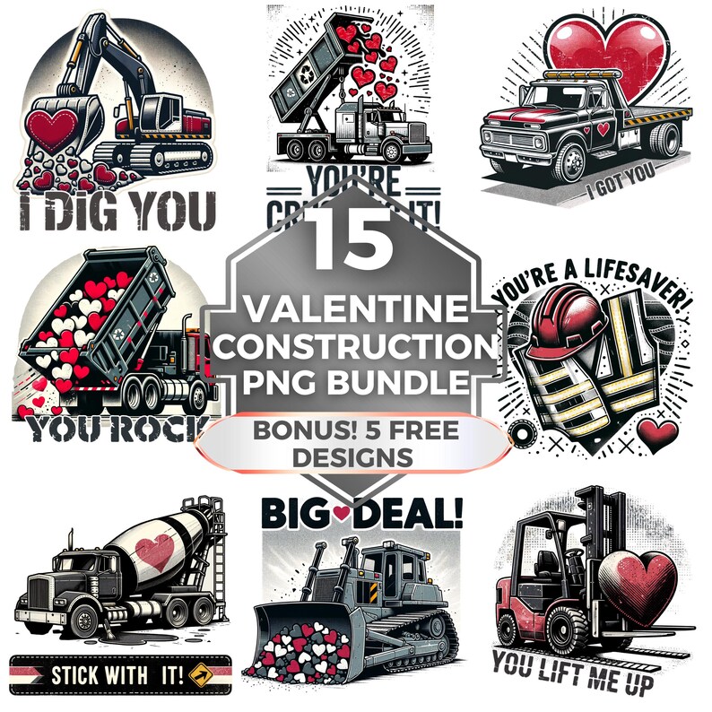 Truck and Construction Valentine PNG Bundle for Sublimation Designs ...