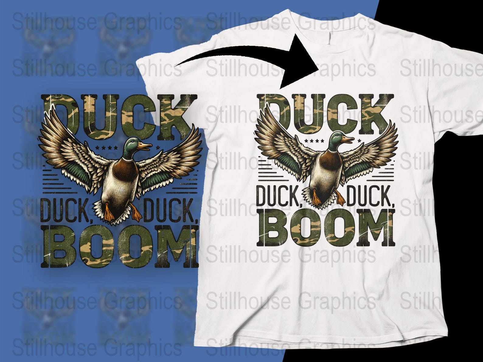 Duck Duck Boom PNG, Bold Script Camo Brush Stroke Hunting Shirt Design ...