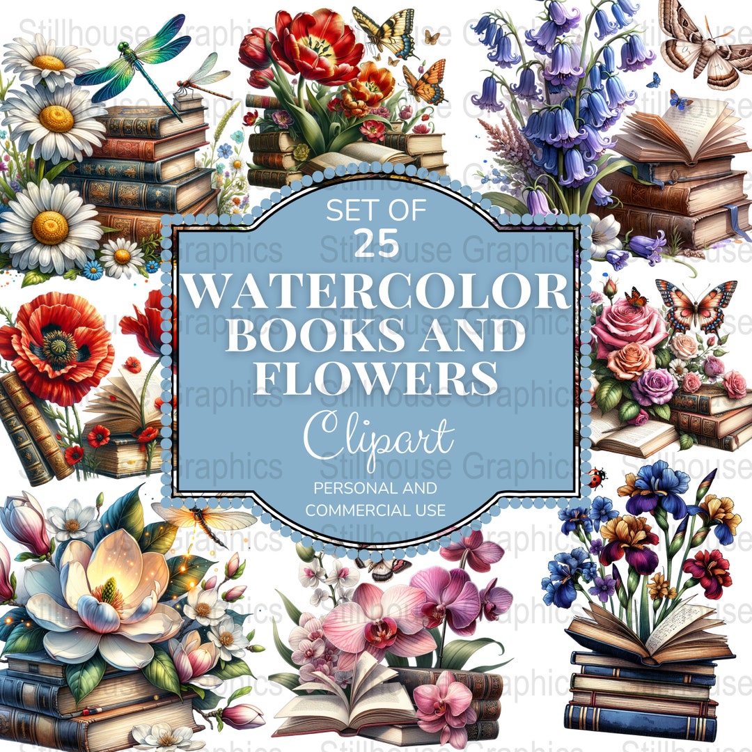 Bookish Floral Clipart Watercolor Bookstack With Flowers Digital ...