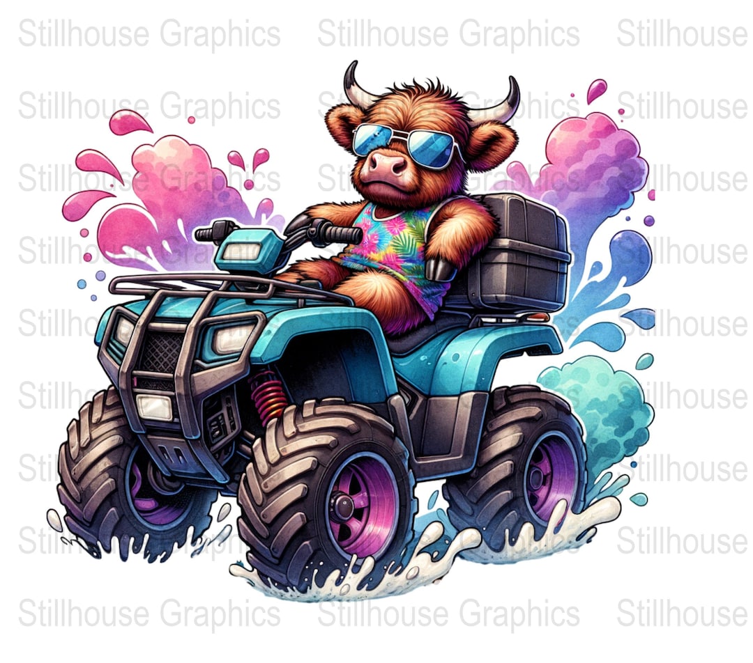 Cute Highland Cow Riding ATV PNG Digital Design for Kids Sublimation ...