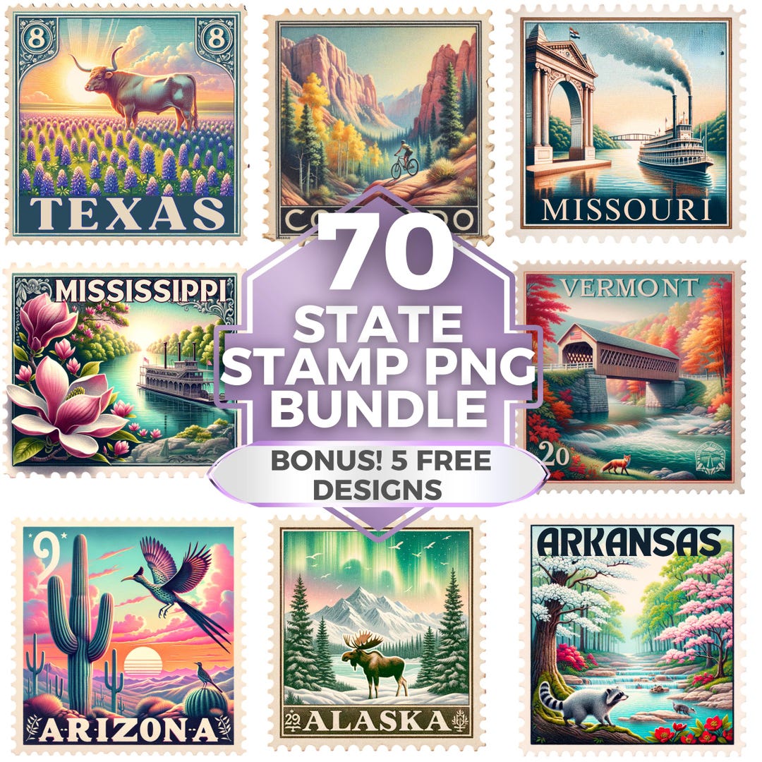 State PNG Bundle, State Stamp and City Stamp Pngs, Vintage USA Postage ...