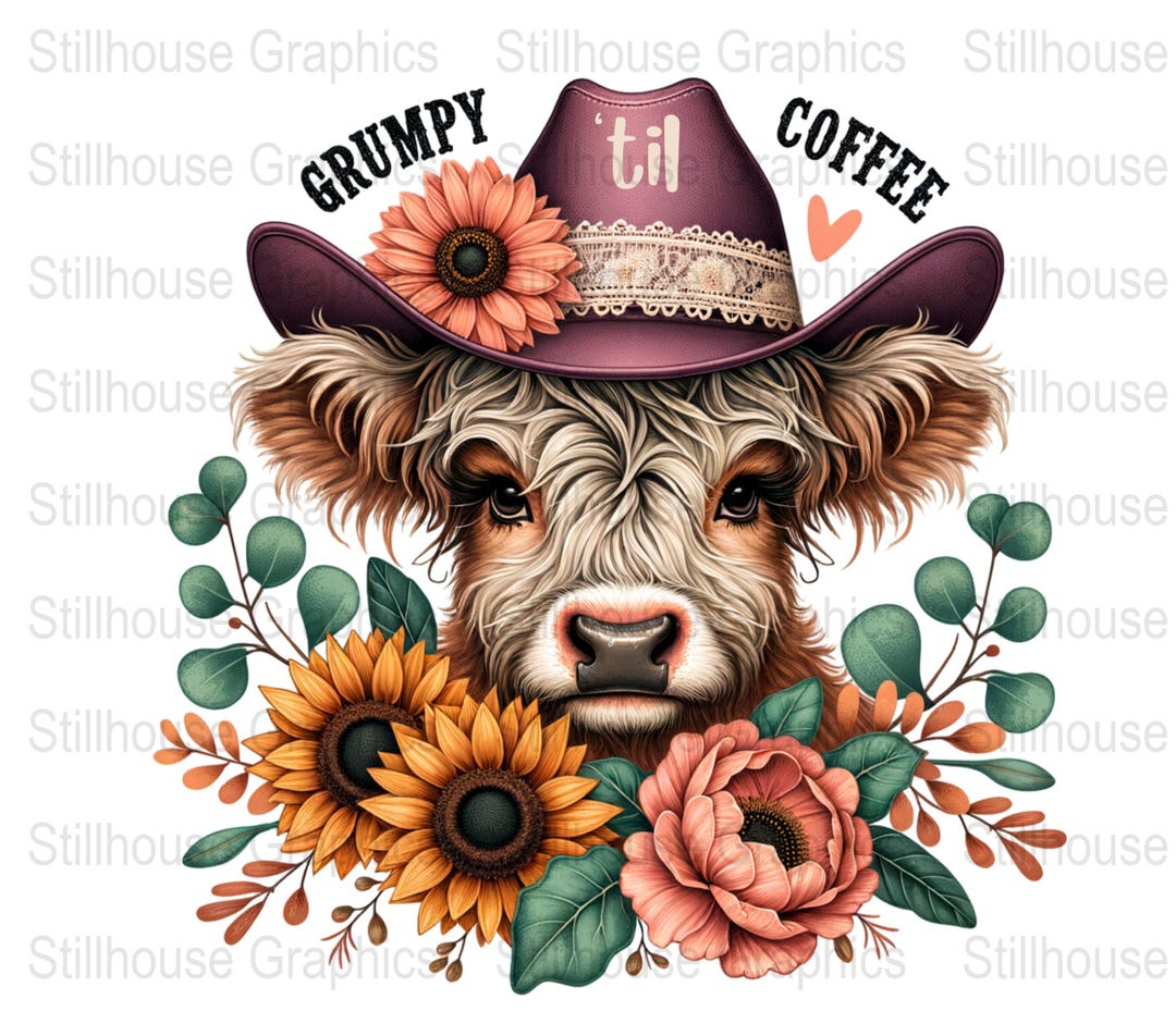 Grumpy Highland Cow Png, Cranky Coffee Lover Png, Fluffy Cow Grumpy ...