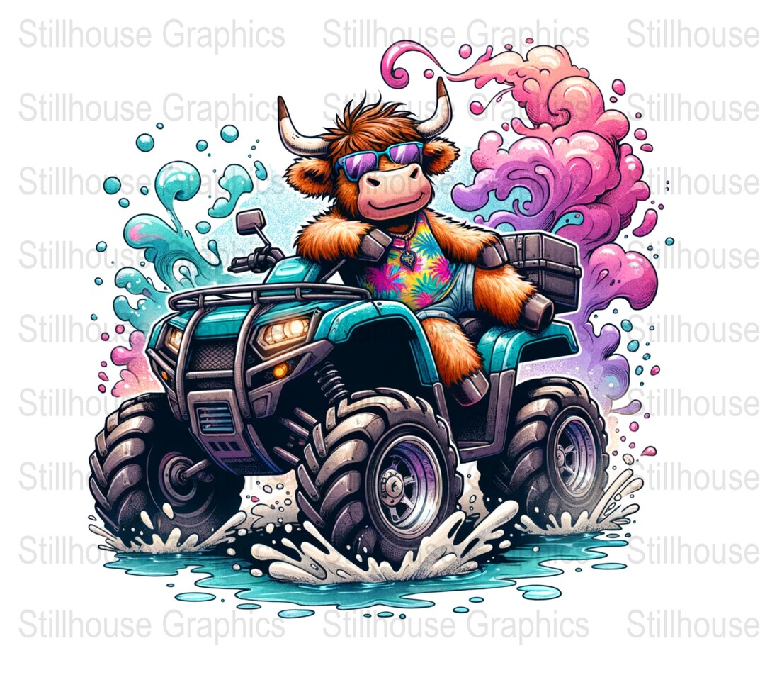 Cute Highland Cow on ATV PNG, Sublimation Design for Kids Shirts ...