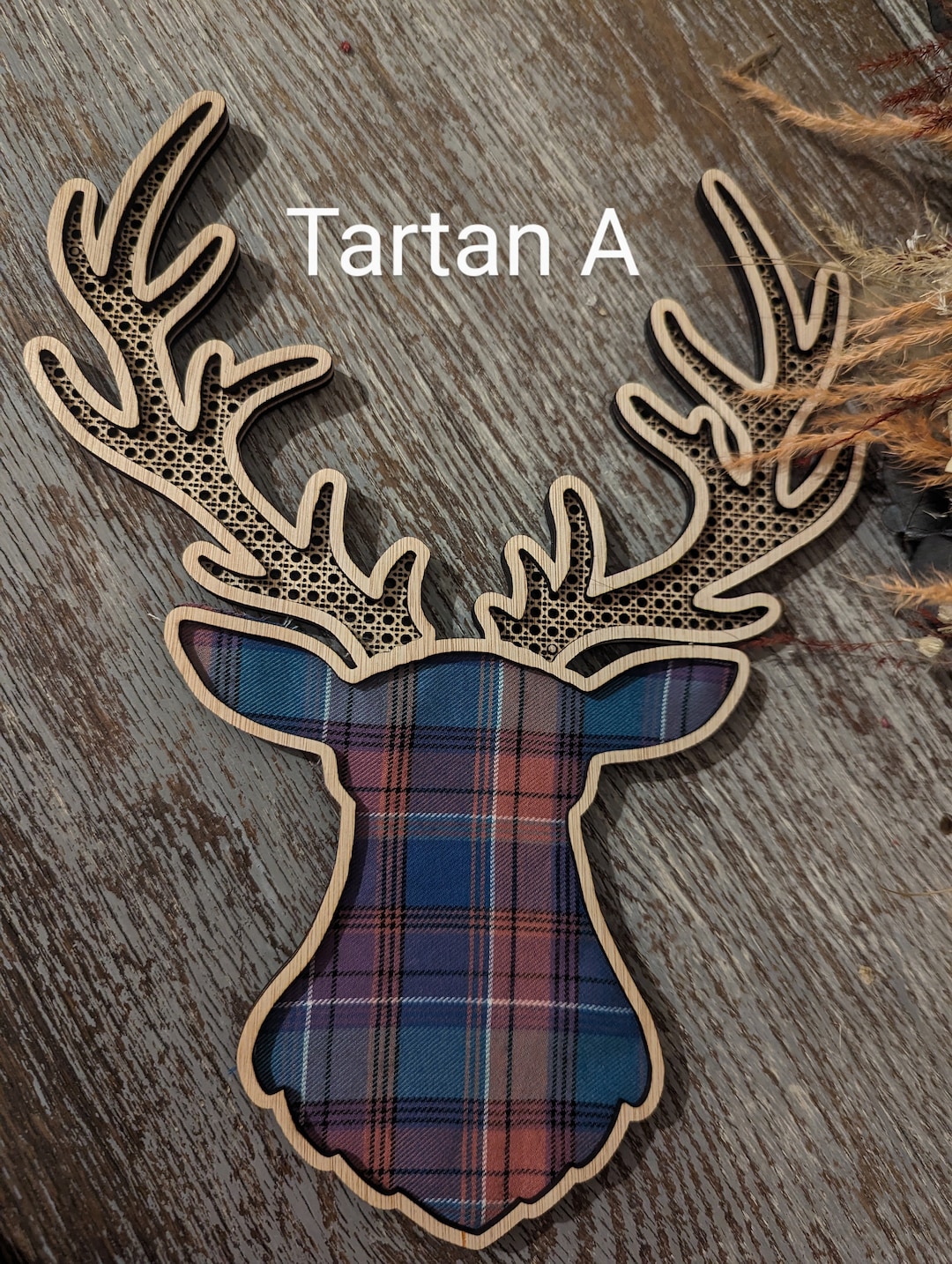 Tartan Stag Head Wood Rattan Wall Art Farmhouse Decor Rustic ...