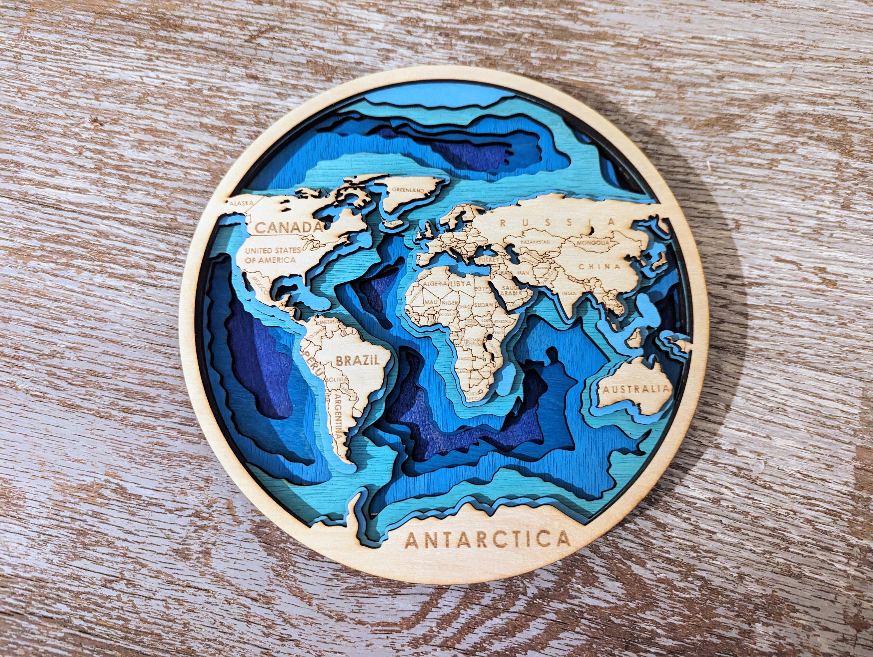 3D Layered Wood World Map: Blue Ocean Wall Decor - Etsy UK