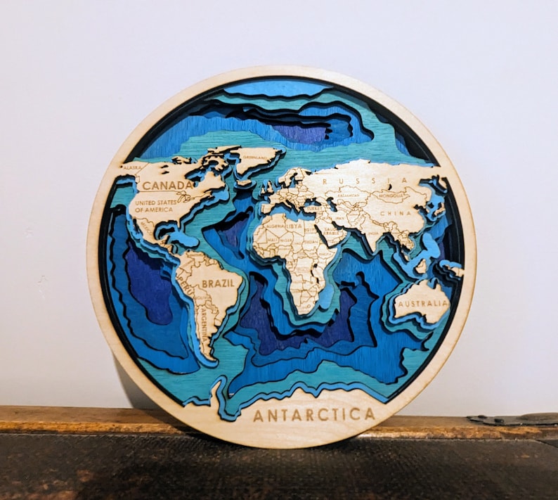 3D Layered World Map; Wood Map; Wall Decor; Blue Map; Educational ...