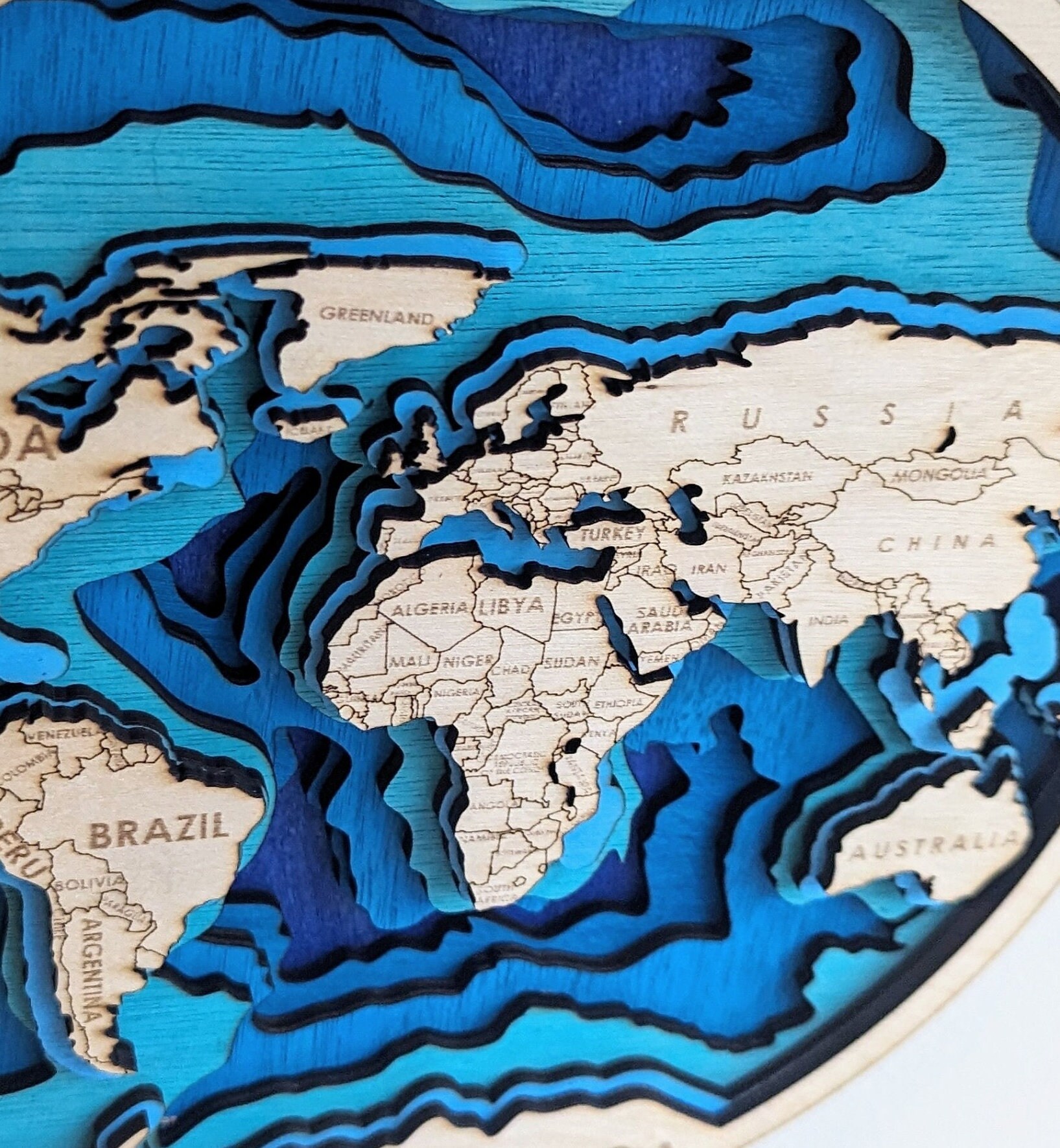3D Layered World Map; Wood Map; Wall Decor; Blue Map; Educational ...