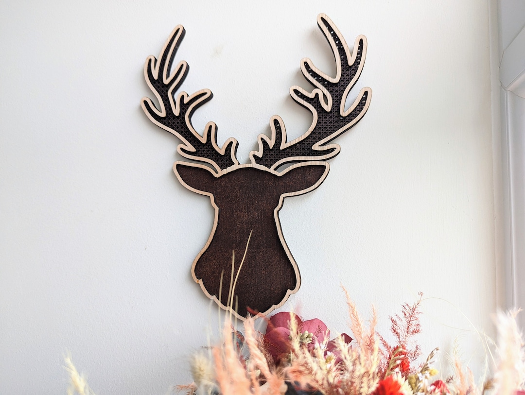 Wooden Stag Head Wood Rattan Wall Art Farmhouse Decor Rustic ...