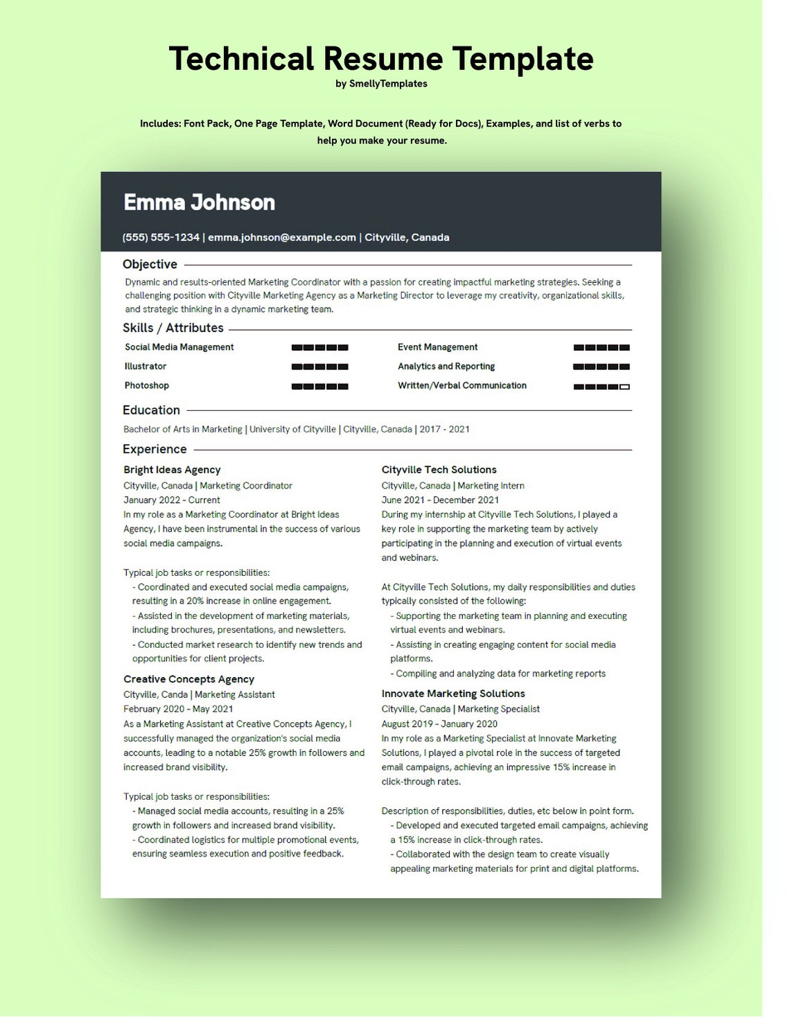 One Page Resume CV Template | ATS Resume | Clean and Simple | Skill ...