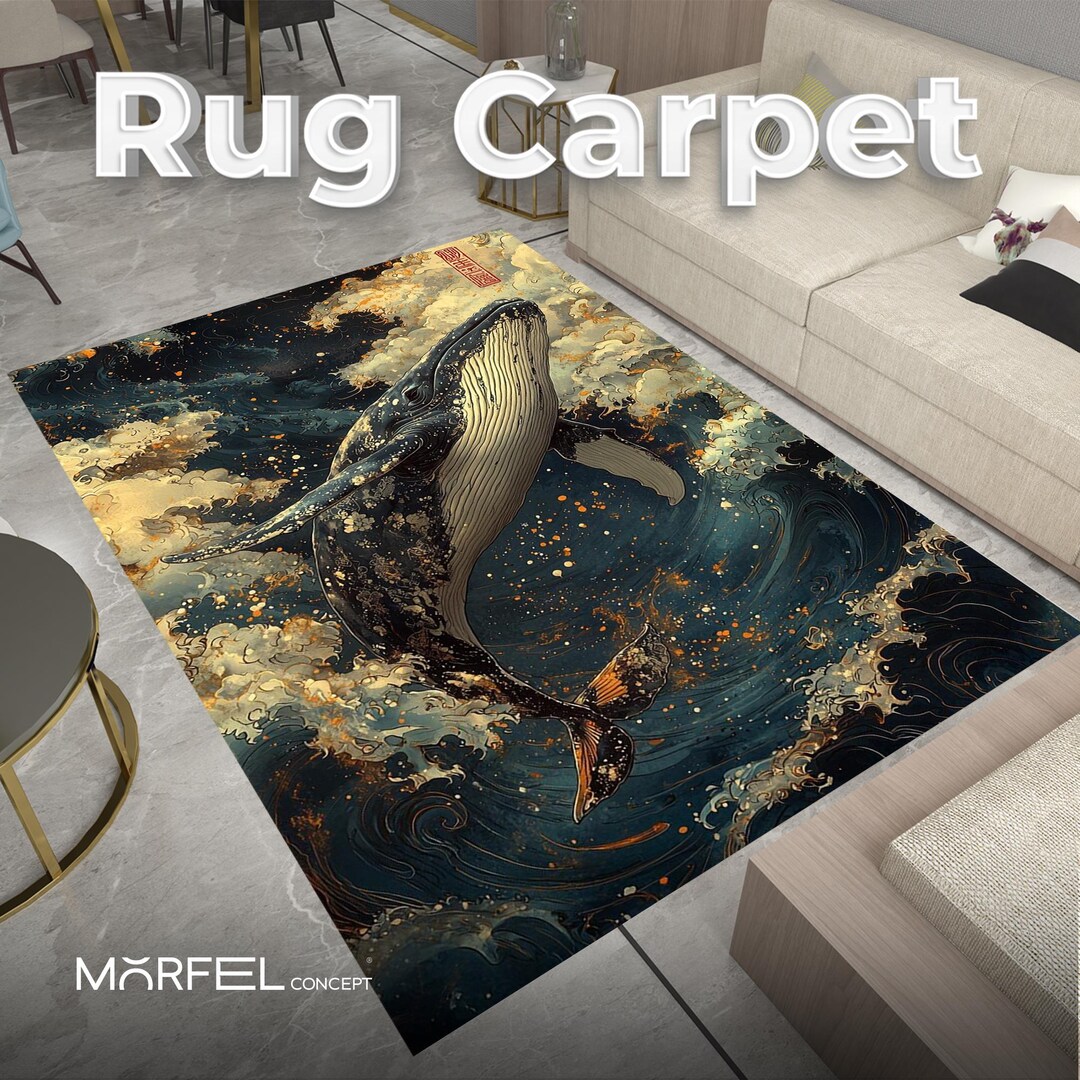 Whale Rug, Japanese Wave Rug, Ocean Theme Carpet, Humpback Whale Decor ...