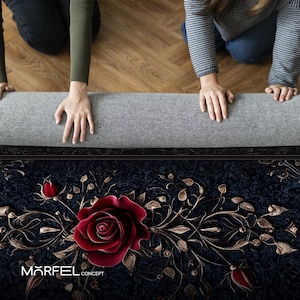 Gothic Rose Rug, Dark Floral Carpet, Black and Red Rug, Elegant Baroque ...