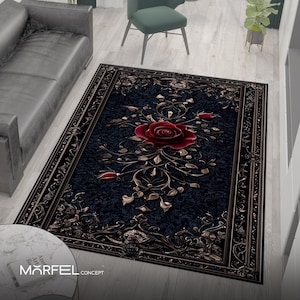 Gothic Rose Rug, Dark Floral Carpet, Black and Red Rug, Elegant Baroque ...