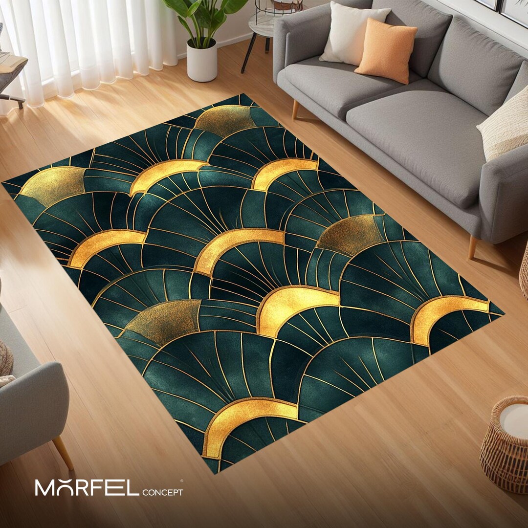 Golden Fan Art Deco Rug – Elegant Scallop Pattern Carpet, Gatsby ...