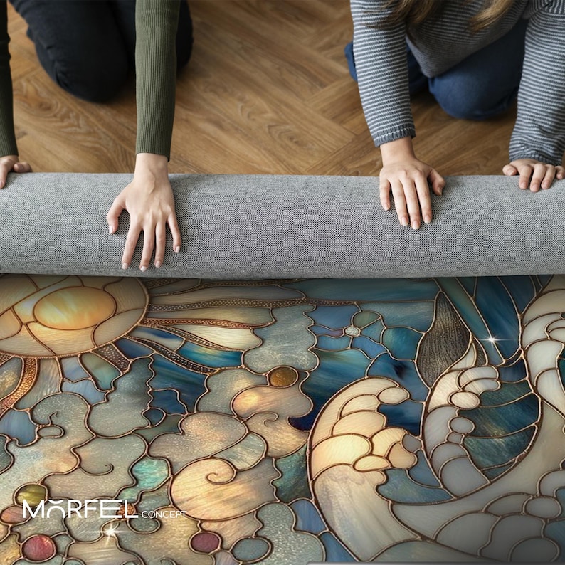 Stained Glass Wave Rug – Ocean and Sun Art Nouveau Carpet With Blue ...