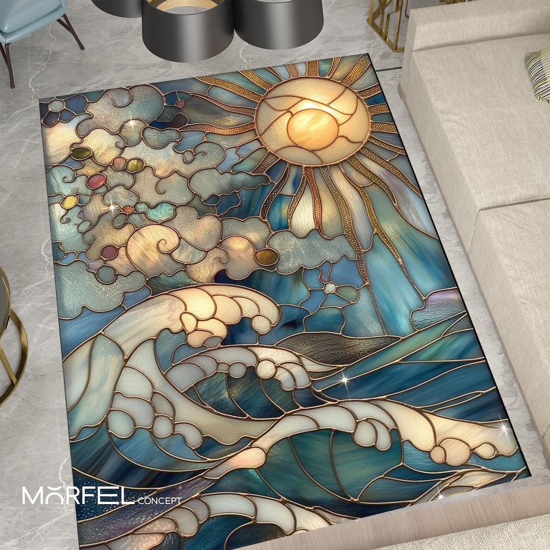 Stained Glass Wave Rug – Ocean and Sun Art Nouveau Carpet With Blue ...